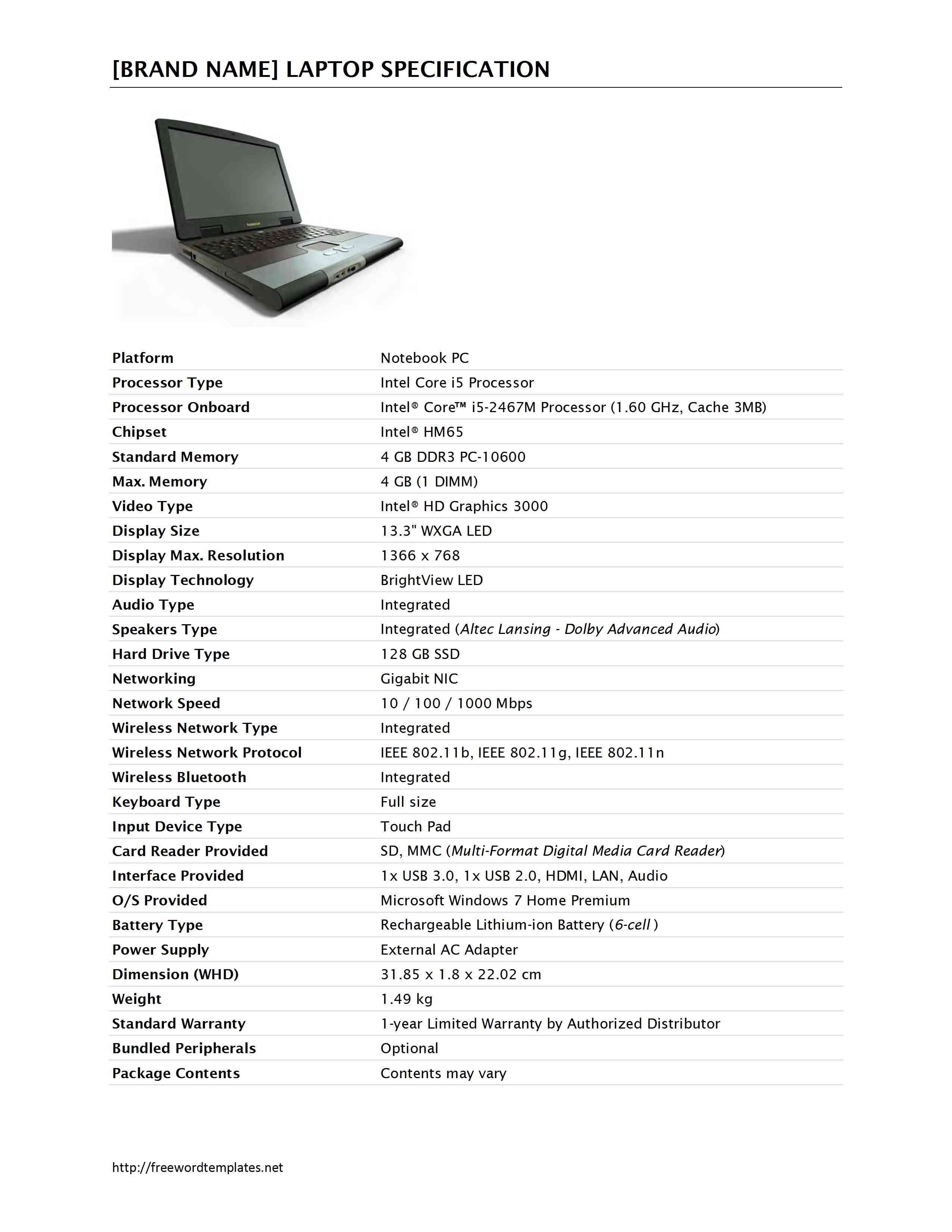 Laptop Specification Template