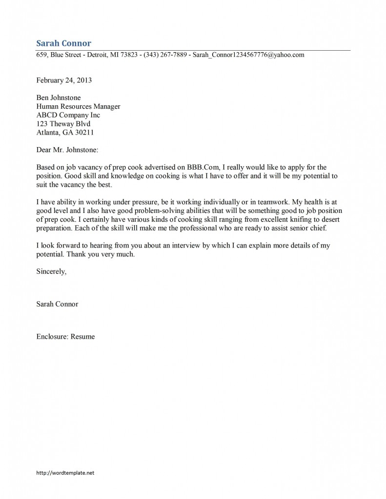 Prep Cook Cover Letter Template
