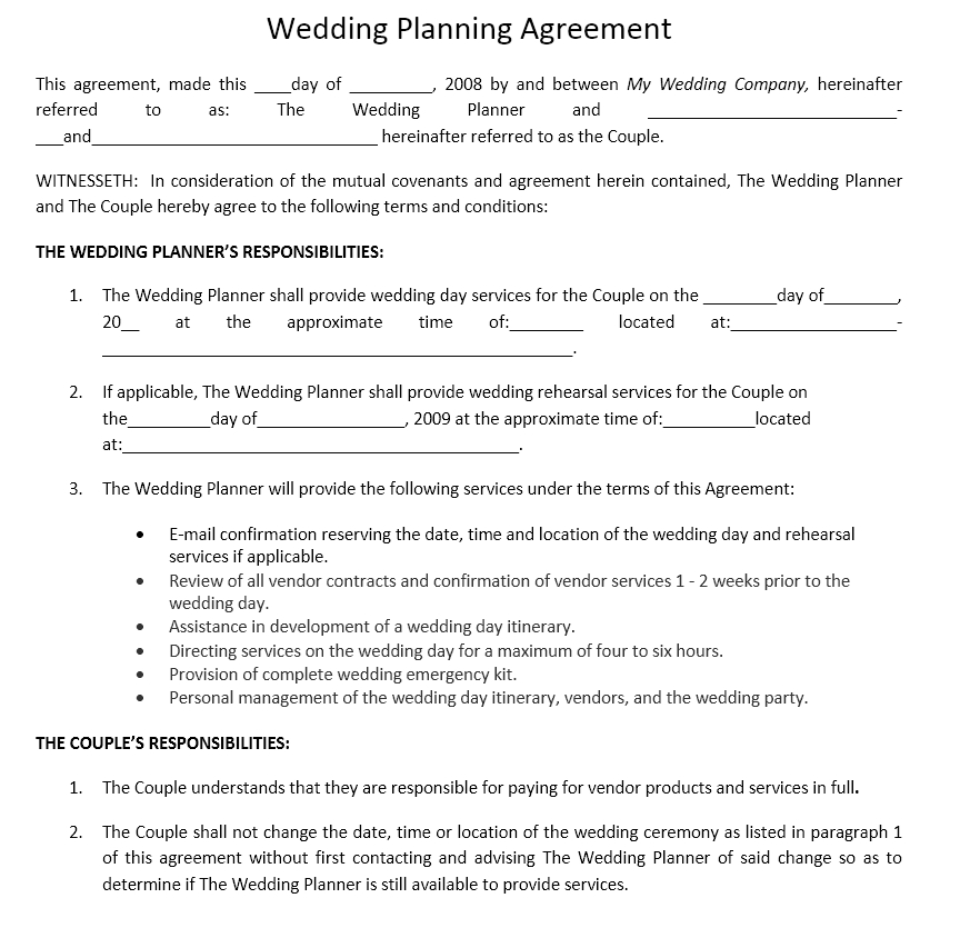 Wedding Event Organizer Contract Template