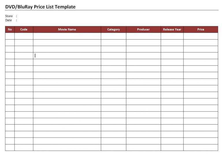 Price List Templates for Selling CD/DVD and Blu-ray Movies