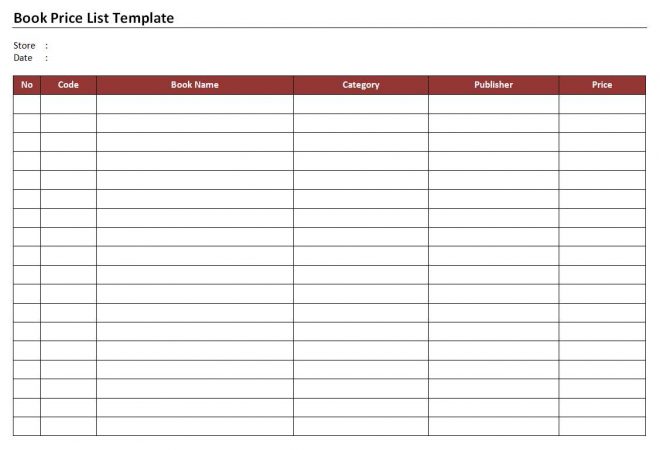 Book Store Price List Template