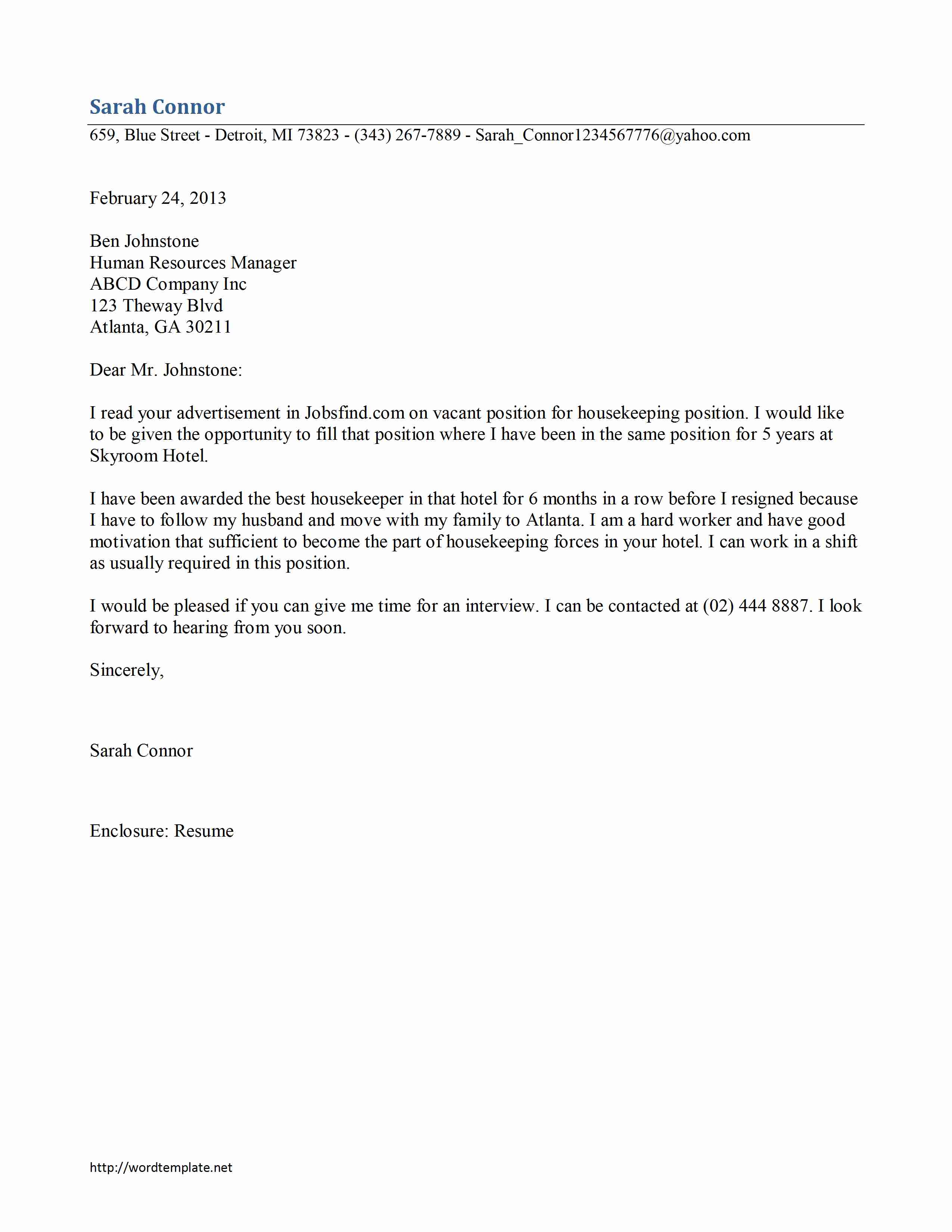 Cover Letter Resume And Job Description Templates For Housekeeper