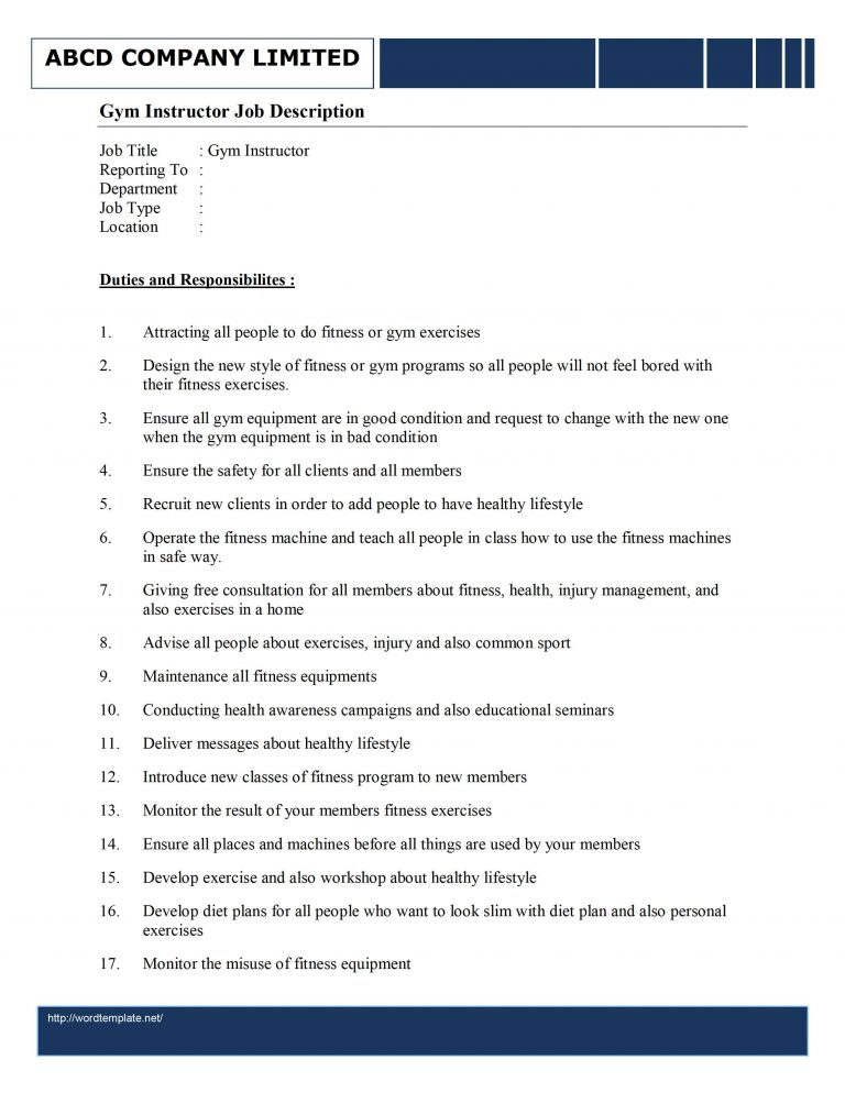 Gym Instructor Job Description Template - WORDTEMPLATES.net